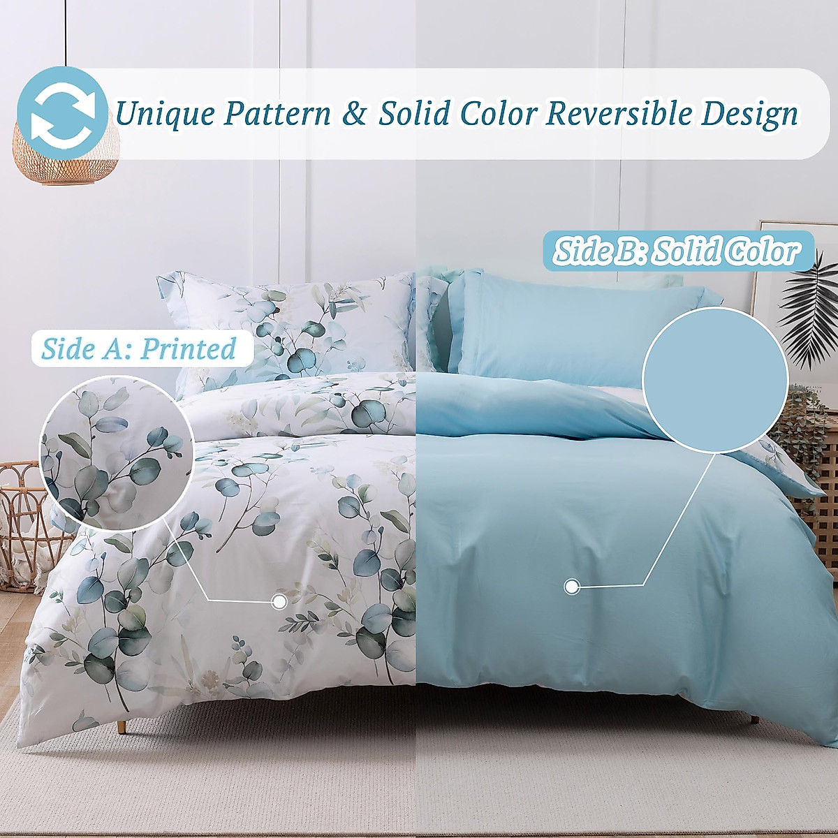 MILDLY 100% Long-Staple Cotton Duvet Cover Set Baby Blue Teal Gradient Leaf Pattern Printed Comforter Cover 3pcs, Ultra Soft & Breathable Bedding Set