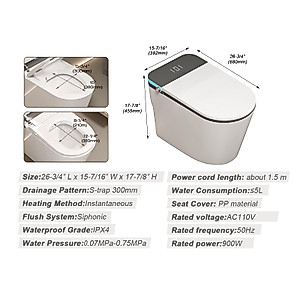 MEJE #MZE013 - Luxury Automatic Toilet,Smart Toilet with Intelligent Bidet,Auto Open and Close,Auto Flush,Heated Seat,Remote Control, Night Light, Switchable Temperature Display,White