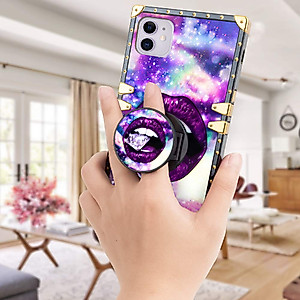 BITOBE Luxury Square Phone Case iPhone 11 with Stand 6.1 Inch 2019 Retro Elegant Soft TPU Design Cover for Women Girls with Ring Holder Kickstand (Purple Galaxy Diamond Lips)