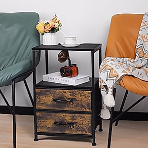 Vrisa Nightstand with Charging Station Black Bedside Table Fabric Drawers End Table with Open Shelf Night Stand with USB Port and AC Outlet for Bedroom