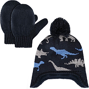 Boys Winter Hat Mitten Gloves Set Toddler Warm Beanie Earflap Baby Knit Fleece Lined Hat (Navy Blue,4-5 Years Old)