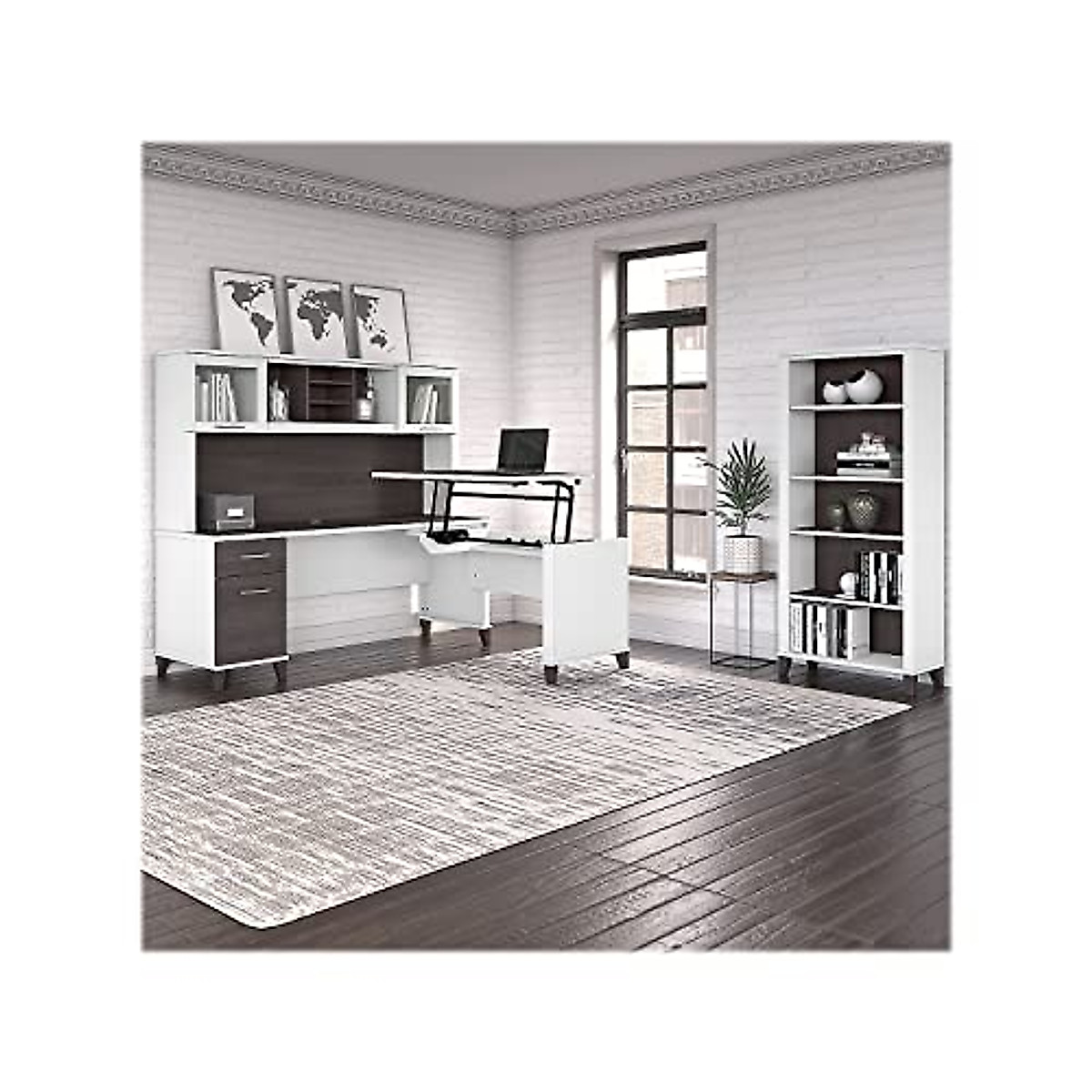 Bush Furniture Somerset 72W 3 Position Sit to Stand L Shaped Desk with Hutch and Bookcase in White and Storm Gray