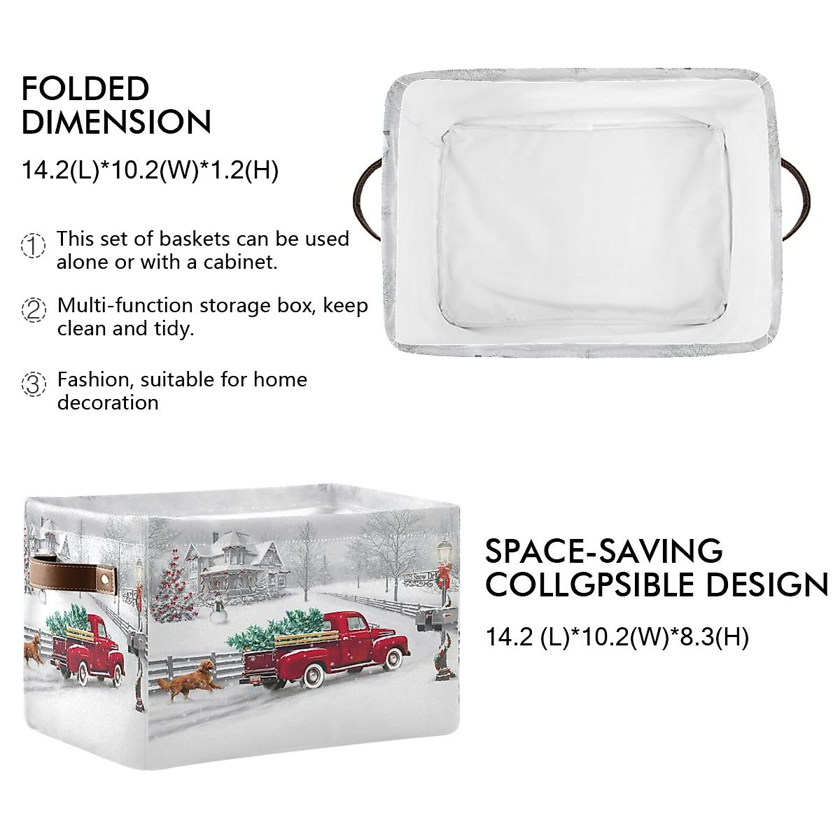 Christmas Tree Red Truck Basket Decor Winter Snowflake Candy Storage Bin Basket for Shelf Closet Foldable Fabric Storage Box Cube with Handles Kids Toys Clothes Organizer Basket for Nursery Bedroom