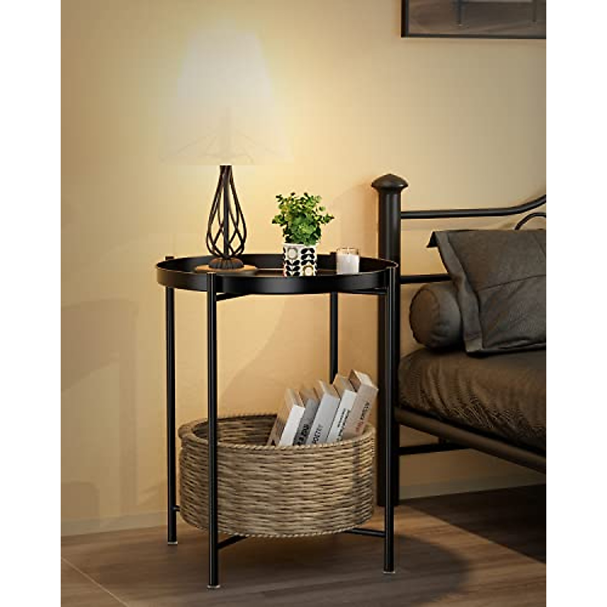 EKNITEY End Table,Folding Metal Side Table Waterproof Small Coffee Table Sofa Side Table with Removable Tray for Living Room Bedroom Balcony and Office