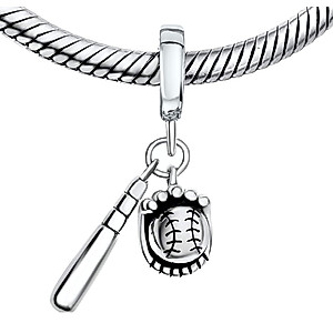 Bolenvi Baseball Bat Glove Sports 925 erling Silver Pendant Charm Bead For Pandora & Similar Charm Bracelets or Necklaces