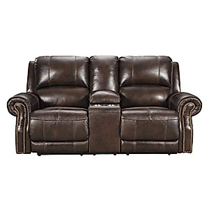 Signature Design by Ashley Buncrana Traditional Dual Sided Power Reclining Loveseat with Nailhead Trim, Center Storage Console and USB Port, Brown