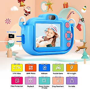 Kids Camera, Digital Camera for Kids 36M 2.7K Video Recorder with Fill-in Light, Automatic Shut-Down, 2.0 Inch Screen, Video Camera Christmas Birthdays for Girls Boys Toddlers Age 3 4 5 6 7 8 (Blue)