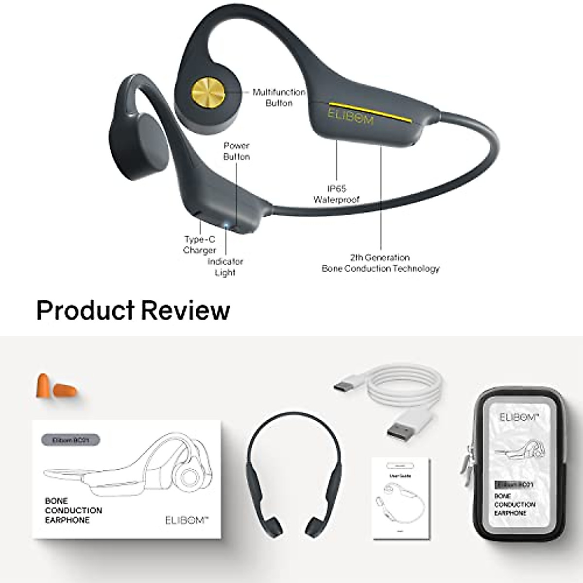 ELIBOM Bone Conduction Headphones, Bluetooth 5.2 Headset, Wireless Open-Ear Headphones, Up to 9 Hours Music&Call, IP65 Sweatproof Sports Earphones for Running, Cycling, Gym, with Arm Bag (Grey)