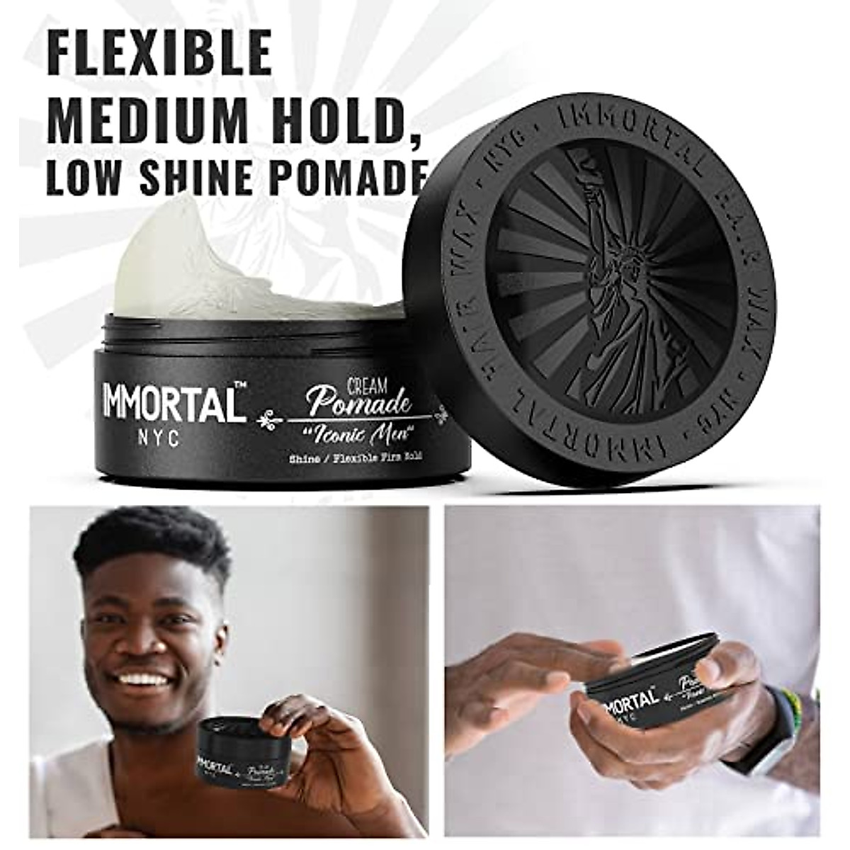 IMMORTAL NYC Hair Styling Pomade - Iconic Man, Flexible Medium Hold, Low Shine Pomade - Mens Water Based, No Residue Hair Balm - All Natural Pomade Cream for All Hair Types