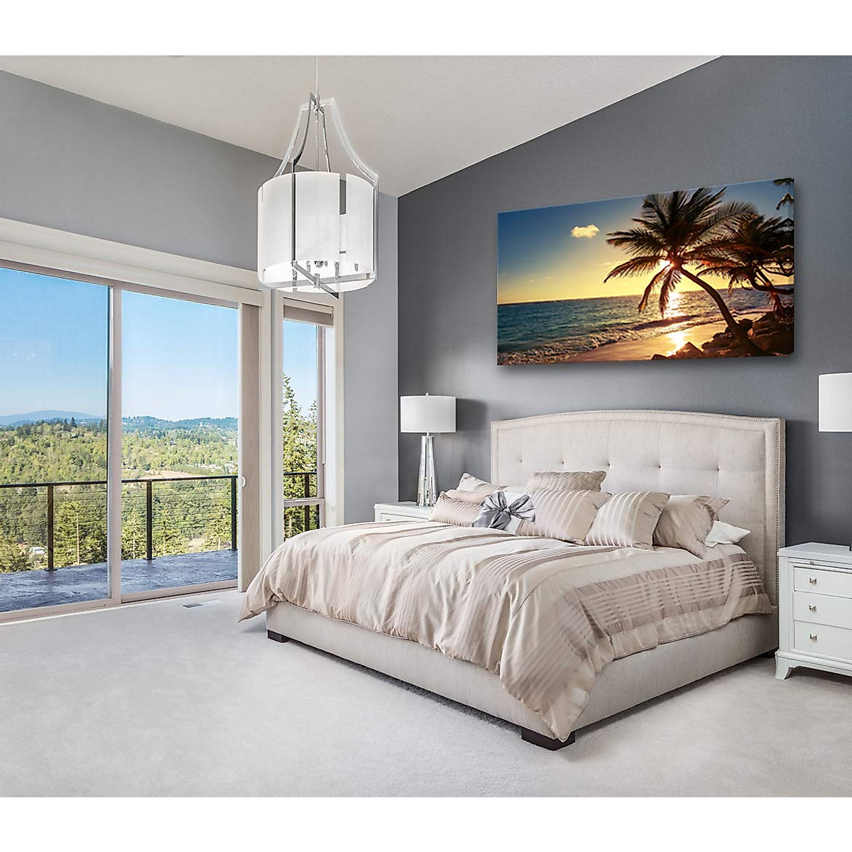 Muolunna S04975 Wall Art Decor Large Canvas Print Picture Sunset Ocean Beach Waves 1 Panel Coconut tree Scenery Painting Artwork for Office Home Decoration Stretched and Framed Ready to Hang XLarge