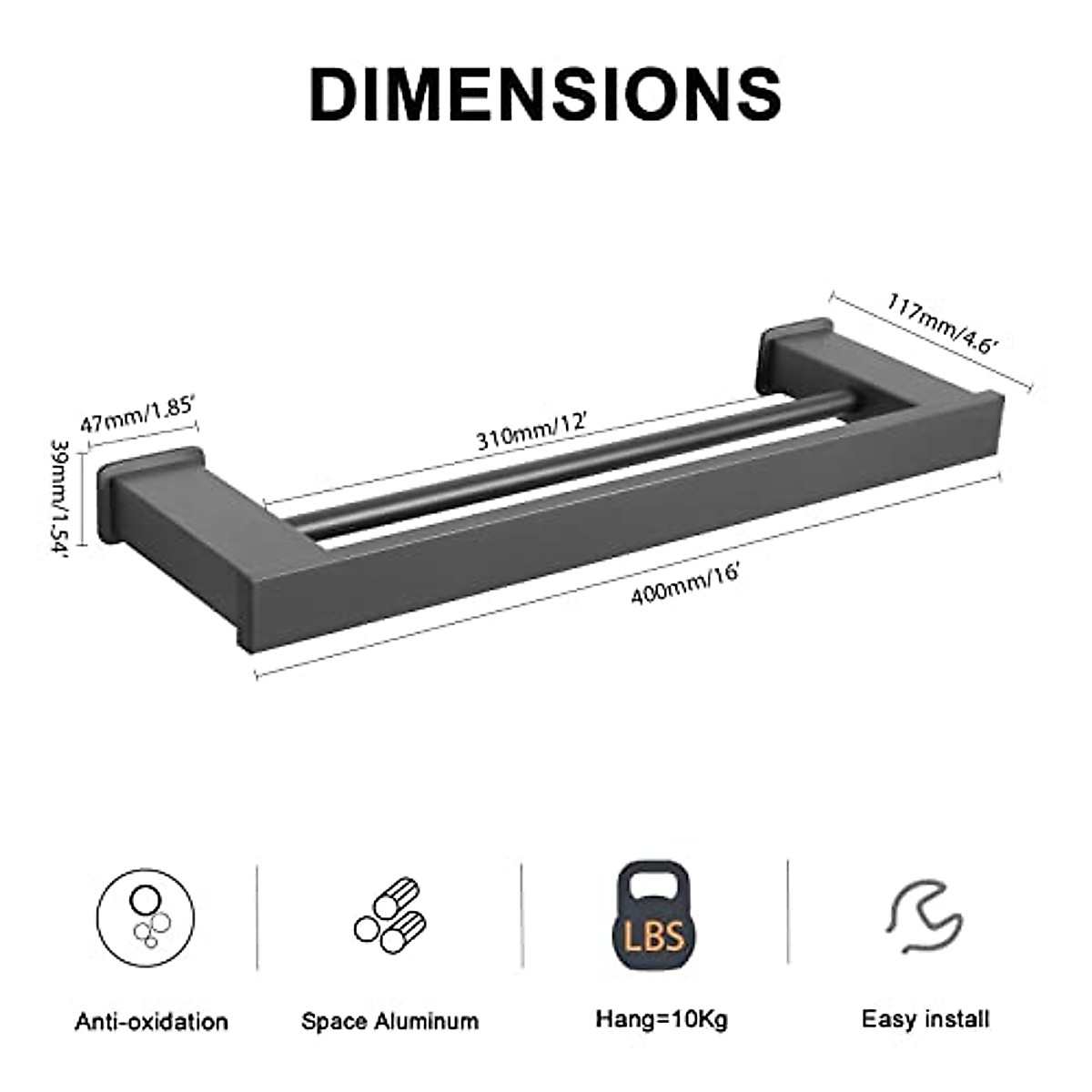 NearMoon Double Bath Towel Bar, Bathroom Accessories-Premium Thicken Space Aluminum Square Shower Towel Rack for Bathroom/Kitchen, Towel Holder Wall Mounted (16 Inch, Grey)