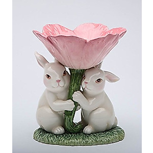 Cosmos Gifts Fine Ceramic White Bunny Pair Holding Up Tulip Flower Candy Bowl, 4-3/8" * 5" H
