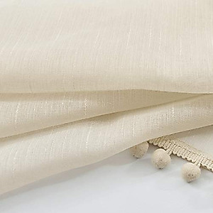 Treatmentex Pom Pom Linen Sheer Curtains for Living Room 63 inches Length Slub Textured Natural Farmhouse Window Sheers Drapes 52" w x 2 Pack, Rod Pocket