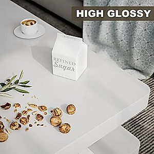 IKIFLY Modern High Glossy White Coffee Table with 16 Colors LED Lights, Contemporary Rectangle Design Living Room Furniture, 2 Tiers