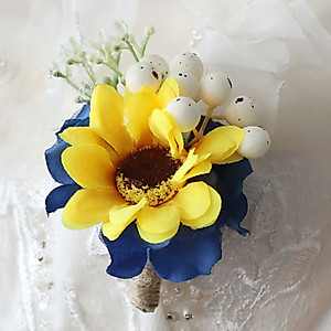SMLJFO 2Pcs Artificial Flower Wrist Corsage Groom Boutonniere Sunflower Bride & Bridesmaid Corsage Wristlet Wedding Hand Flower Decor for Prom Suit Party Homecoming Graduation
