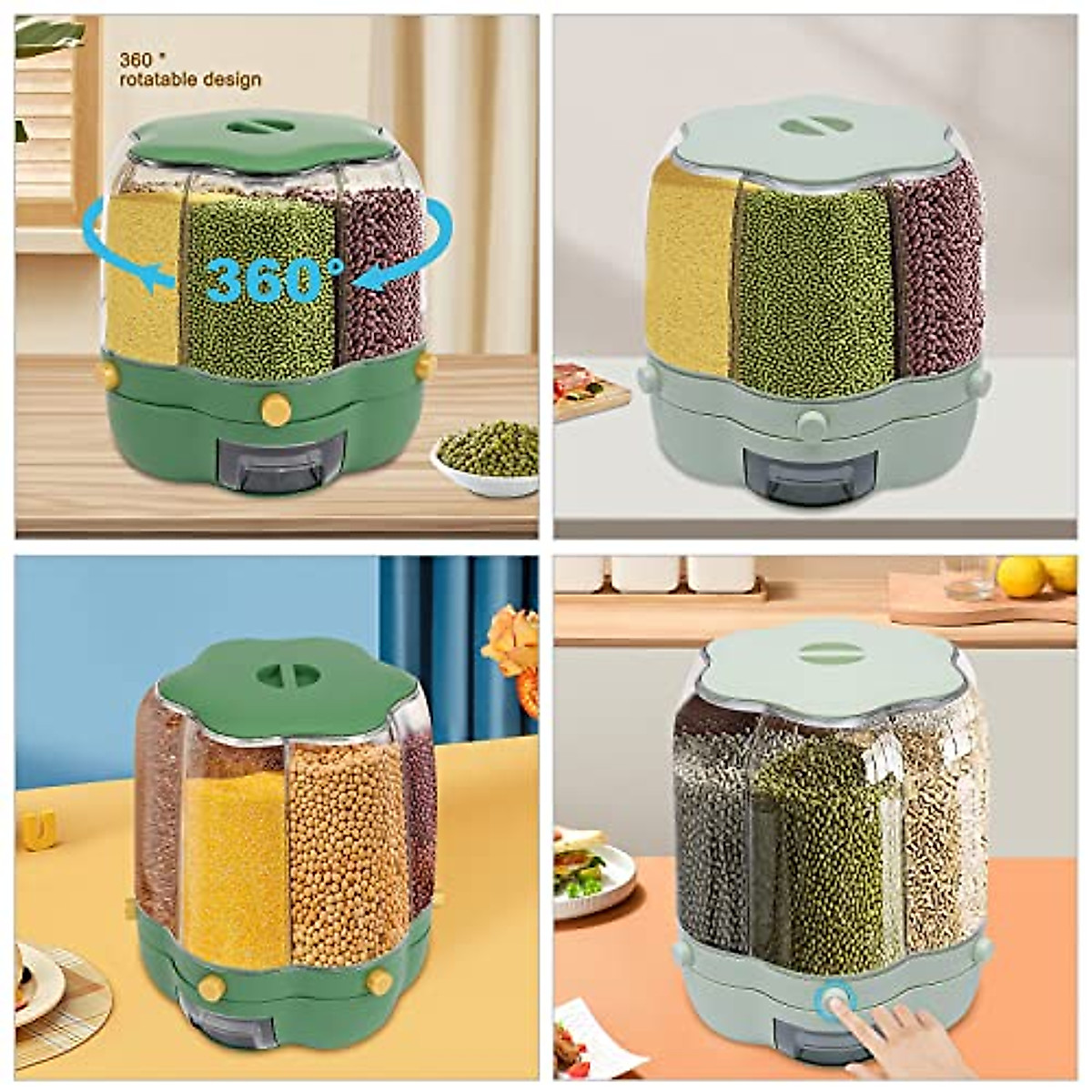 6-Grid Grain Storage Tank, 360° Rotatable Miscellaneous Grains Food Dispenser Grain Storage Box Suitable for All Beans Barley Millet And Other Granular Grains or Pet Food (Large, Light Green)
