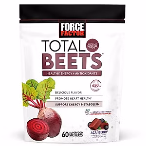 Force Factor Total Beets Soft Chews with Beetroot, Nitrates, L-Citrulline, Grapeseed Extract, and Antioxidants, Healthy Energy Supplement with Elite Ingredients, Heart Health Superfood, 60 Chews