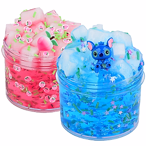 2 Pack Jelly Cube Crunchy Slime Kit, Blue and Pink Clear Crunchy Slime, Super Soft Crystal Slime Toy, for Kids Party Favors and School Education, Stress Relief Toy for Girls and Boys