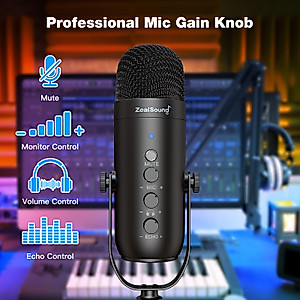 ZealSound Gaming Microphone Kit,Podcast Condenser USB Mic with Boom Arm,Supercardioid Microphone with Mute Button,Echo Volume Gain Knob,Adjust Monitor for Phone PC Computer (Black)