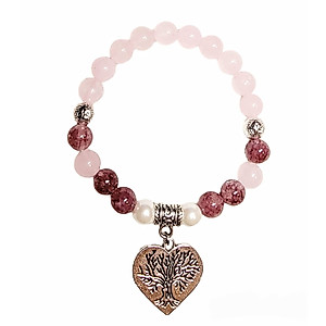 Tree of Life Heart Charm Bracelet with REAL Natural Stones Lepidolite & Rose Quartz & South Sea Pearl - Chakra Bracelet Anti-Stress Anti-Anxiety Gemstones Jewelry (lepidolite)