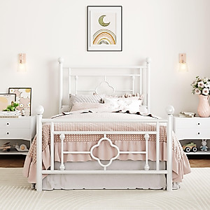 SHA CERLIN 14 Inches Twin Size Metal Platform Bed Frame/Vintage Iron-Art Headboard and Footboard/Mattress Foundation for Storage/No Box Spring Needed/Noise-Free/Easy Assembly/White