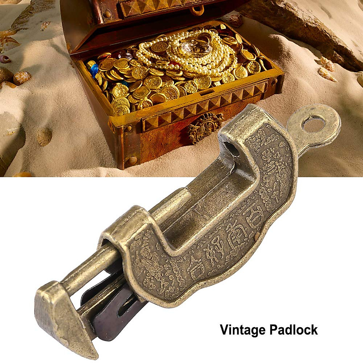 Vintage Antique Padlock Chinese Carved Vintage Zinc Alloy Love Lock Retro Cabinet Lock with Tassel Key for Jewelry Box Drawer (S)