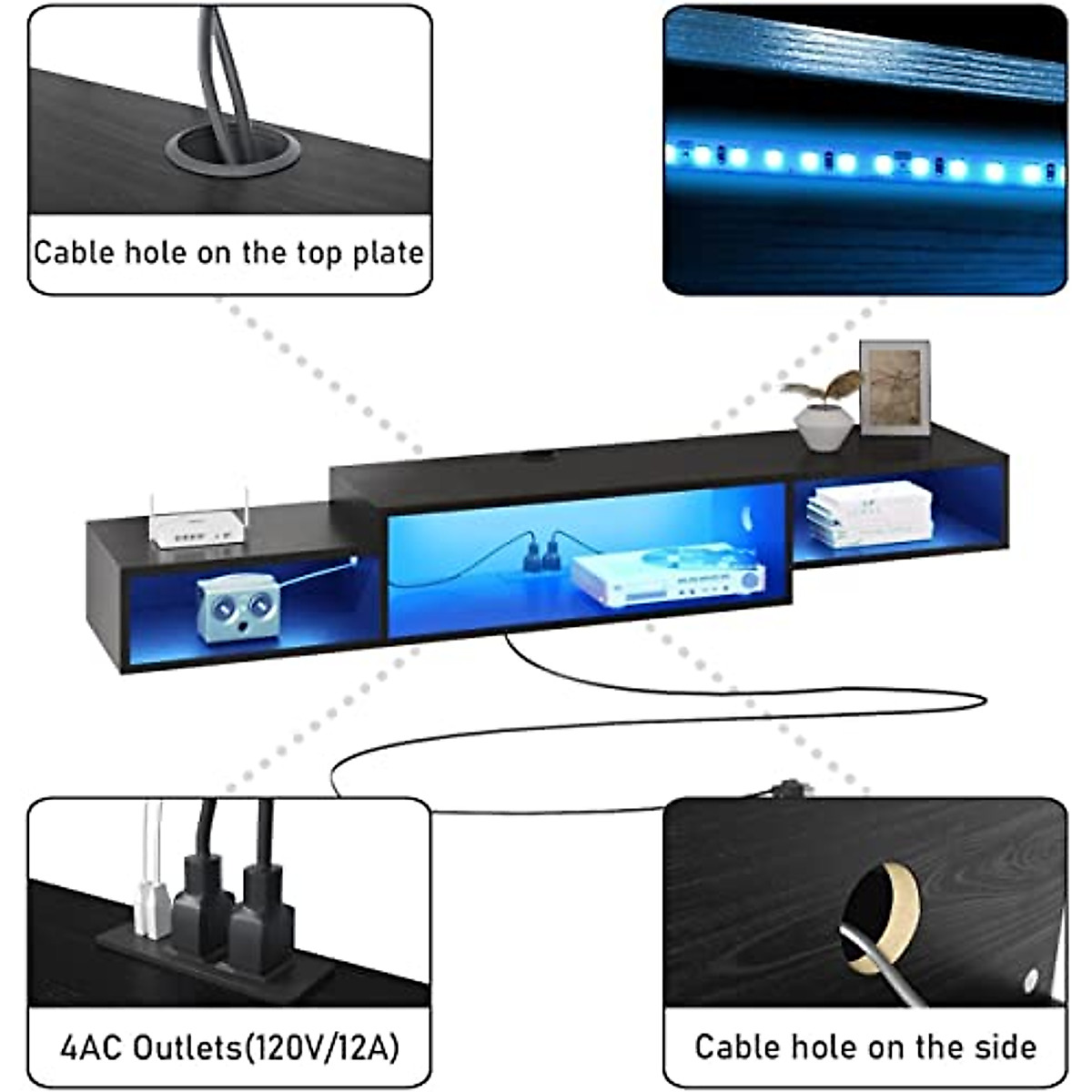 4 EVER WINNER Floating TV Stand Wall Mounted with Power Outlet, 59” Floating TV Shelf Wall Mounted Entertainment Center Modern Media Console with LED Lights, Floating Shelf for Under TV, Black