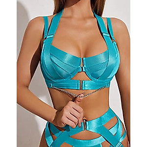 Avidlove Garter Set Lingerie for Women Strappy Underwire Push Up Lingerie Sexy 5 Piece Lingerie with Chain(Peacock Blue,XXL)