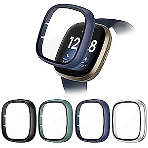 NANW 4-Pack Hard PC Screen Protector Compatible with Fitbit Versa 3/Sense, Built in 9H Tempered Glass Case, Full Coverage Protective Bumper, Sensitive Cover for Versa 3 /Sense Smartwatch Only