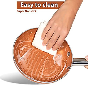 FOOD BOUTIQUE Copper Nonstick Ceramic Frying Pan with lid – 8-inch Egg Cooking Pan with tamper glass lid