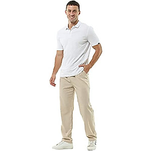 HOEREV Men Casual Beach Trousers Linen Summer Pants, Beige, Large