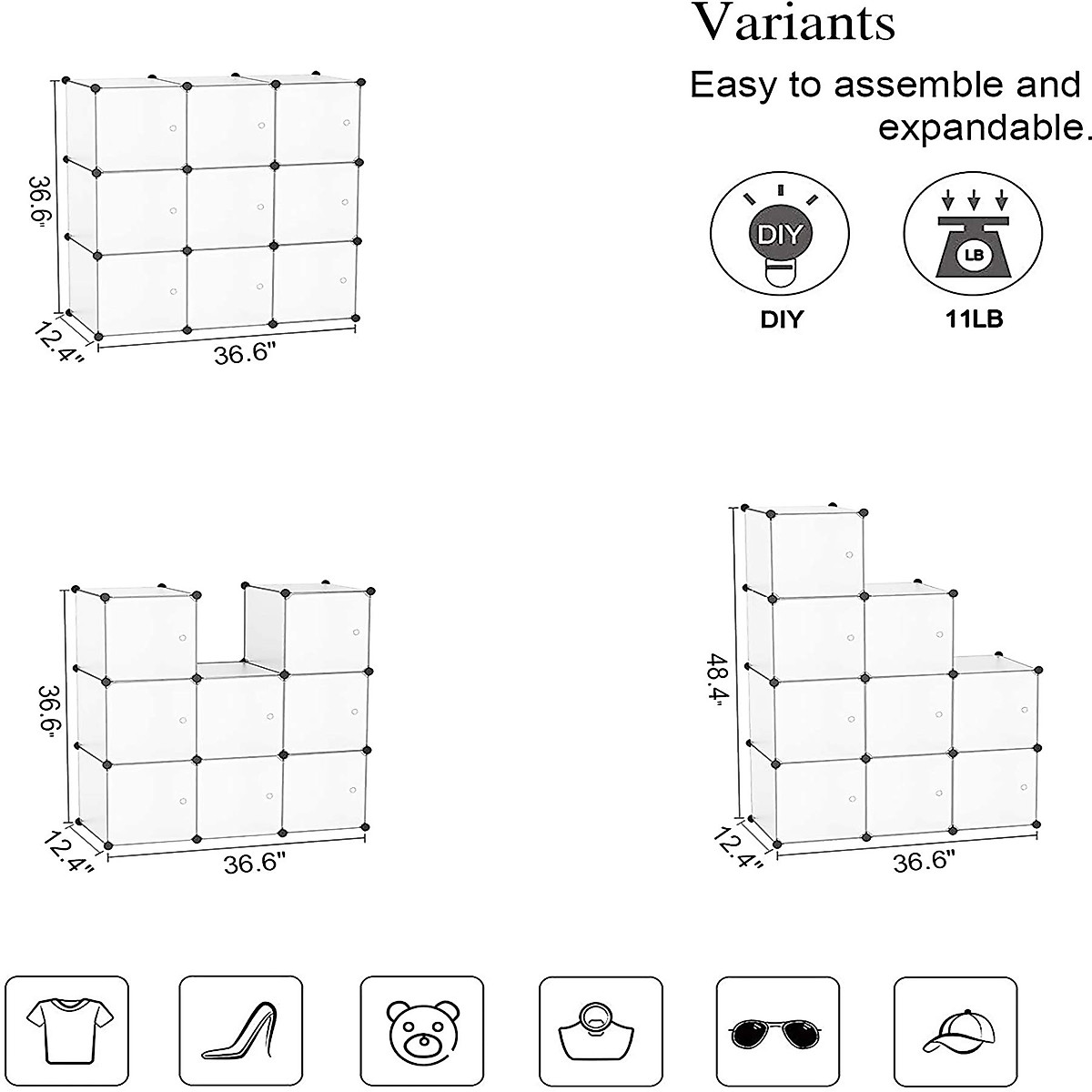C&AHOME Cube Storage with Doors, 9 Cubes Storage Organizer, Plastic Closet Cabinet, Modular Book Shelf Units, Storage Shelves, Ideal for Office, Home, 36.6”L x 12.4”W x 36.6”H Translucent White