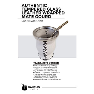 GAUCHO-MARKET New [NEW] Yerba Mate Cup Set. Authentic Leather-Wrapped Glass with Aluminum Top Ring. Includes a Bombilla (straw) (White)