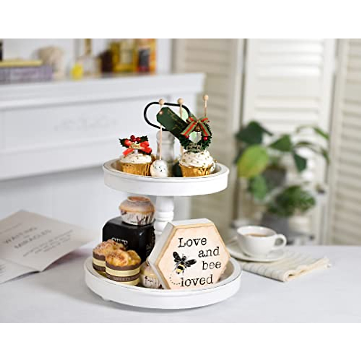 Funly mee Distressed Rustic White Wood Two-Tier Tray with Metal Handle,Decorative Organizer Tray for Kitchen Counter Top or Dining Room Table(White)