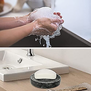 Tahit Round Genuine Marble Soap Dish, Real Stone Facial Sponge Tray with Drain, Natural Stone Soap Dishes Holder for Bathroom Shower Kitchen Sink (Black)
