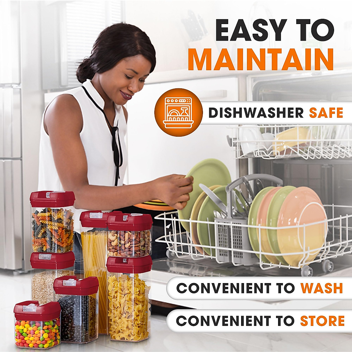 Cheer Collection Stackable Airtight Food Storage Containers - BPA Free Plastic Food Organizer for Pantry with Dry Erase Marker and Labels, Red (Set of 7)