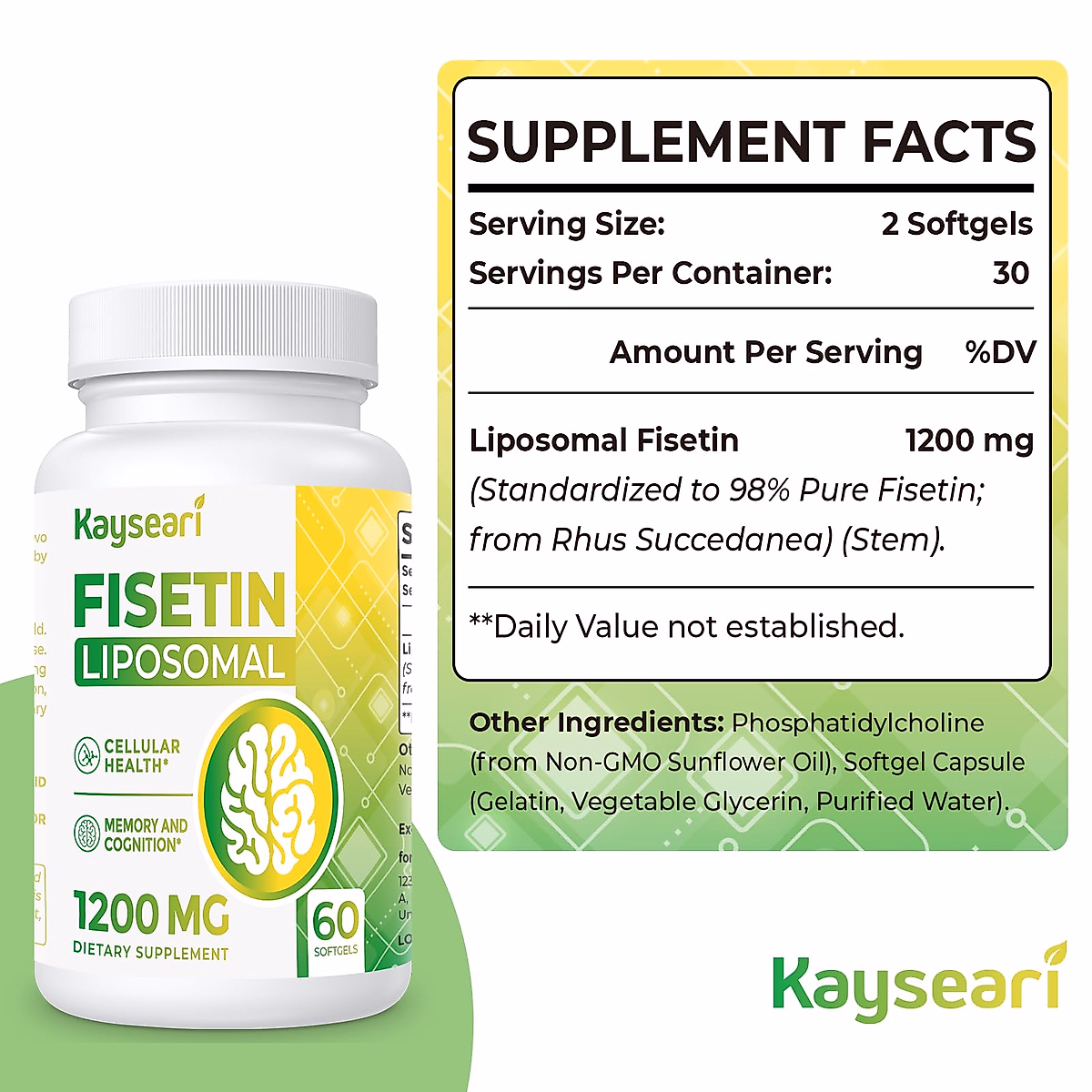 Kayseari Fisetin 1200mg Liposomal Fisetin Supplements 98% Pure Fisetin Polyphenols Antioxidants Immunity Health Aging Cognitive Support Non-GMO 120 Capsules