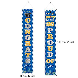 JoneTing 2022 Graduation Decorations Gold White and Blue Graduate Hanging Banner Congrats Grad Class of 2022 Banner We Are So Proud of You for College Banner Graduation Party Decor Party Supplies for Graduation