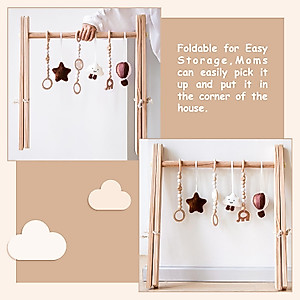 Wooden Baby Play Gym with Mat, Foldable Baby Play Gym Frame Activity Gym Hanging Bar with 5 Gym Baby Toys Rainbow Playmats Gift for Newborn Baby (Natural)