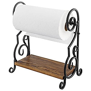 MyGift Black Metal Countertop Paper Towel Holder with Rustic Solid Burnt Wood Storage Shelf and Scrollwork Design, Easy Refill Single Roll Holder