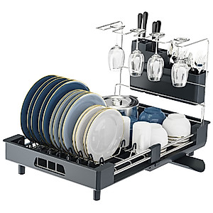 ROTTOGOON Dish Drying Rack, Stainless Steel Large Dish Rack, Expandable (12.8"-19.1") Dish Drainer with Swivel Spout, Utensil Holder, Cup Holder and Wine Glass Holder for Kitchen Counter Cabinet, Gray
