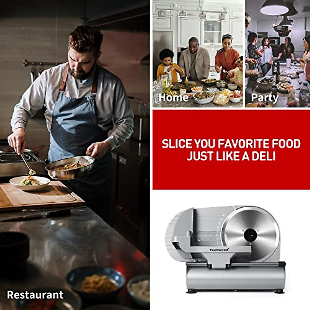 Meat Slicer, Techwood Electric Deil Food Slicer with Removable 9” Stainless Steel Blade, Deli Cheese Fruit Vegetable Bread Cutter with Adjustable Knob for Thickness, Food Carriage & Non-Slip Feet