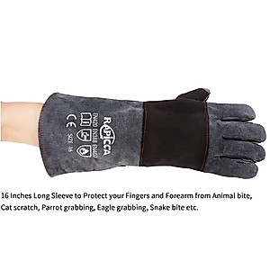 RAPICCA Animal Handling Gloves Bite Proof Double Leather Reinforced Padding Dog,Cat Scratch,Bird Handling Falcon Gloves Grabbing Reptile Squirrel Snake Bite 16in Grey-Black