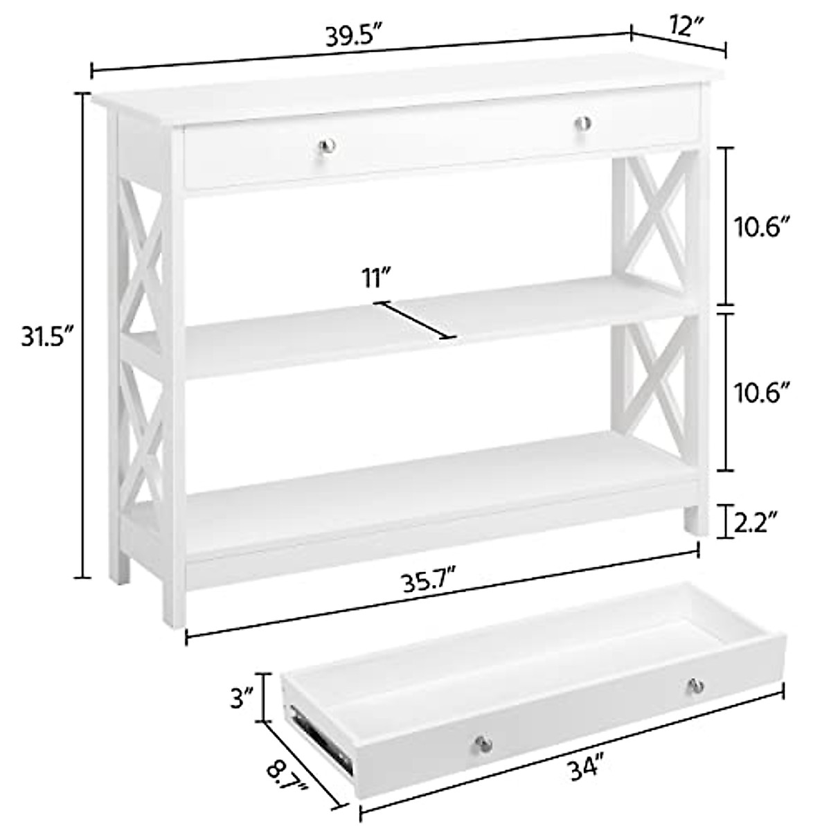Yaheetech 3-Tier Entryway Table White Console Table with Drawer and 2 Storage Shelves, Wood Narrow Sofa Table for Entryway/Hallway/Living Room, 39.5in L x 12in W x 31.5in H