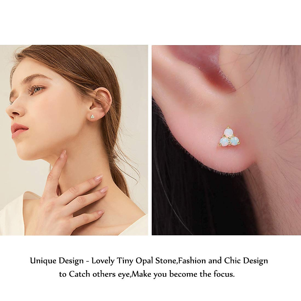 CiNily Tiny Triangle Opal Stud Earrings, 14K Yellow Gold Plated Hypoallergenic Small Gold Earrings for Women Cartilage Jewelry