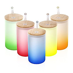 Stamp colour Sublimation Glass Cans Blanks Straight Skinny Tumbler 16 OZ Colorful 5 pcs With Bamboo Lid and Clear Glass Straw for Mug Tumbler Heat Press Machine Iced Coffee,Juice,Soda,Drinks