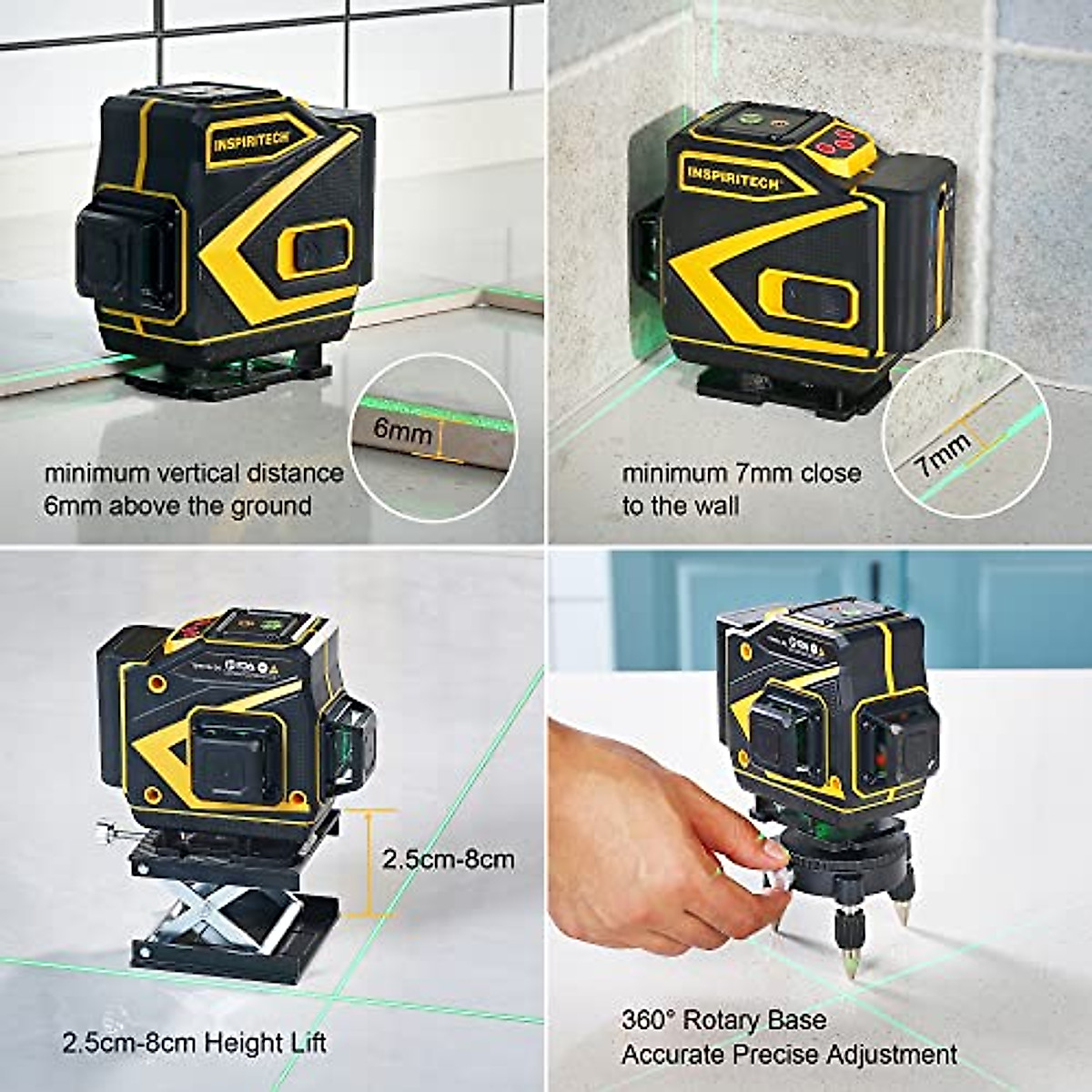 INSPIRITECH Tile Laser Level Self Leveling 3D Alignment Guide,3x360° Horizontal Vertical 12 Cross Lines, Green Beam Lazer Leveler Tool for Floor Ceiling Wall with 2 Lithium Batteries