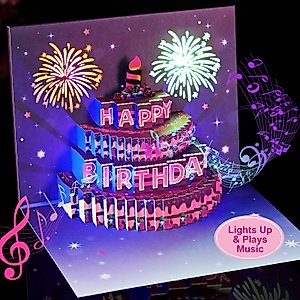 Yinqing Birthday Cards, Light and Music Birthday Cake Happy Birthday Card, 3D Pop Up Birthday Gift Greeting Card for Women Men Kids Husband Wife Mom Dad Daughter