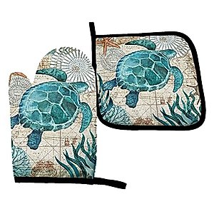 Blue Sea Turtle Nautical Map Area Oven Mitts Pot Holders Sets Heat Resistant Insulated 356°F/180℃ Non-Slip Waterproof Gloves Hot Pads Potholders for Kitchen Decorative Cooking Baking Grilling BBQ