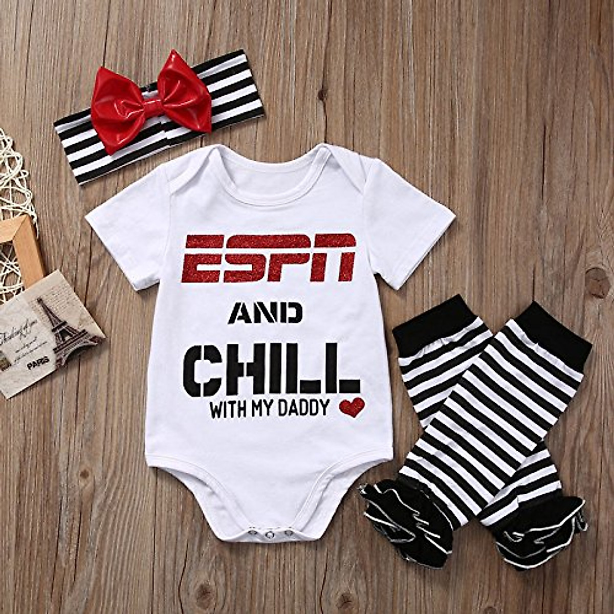 ABEE Baby Girls ESPN and Chill with My Daddy Bodysuit and Socks Outfit with Headband